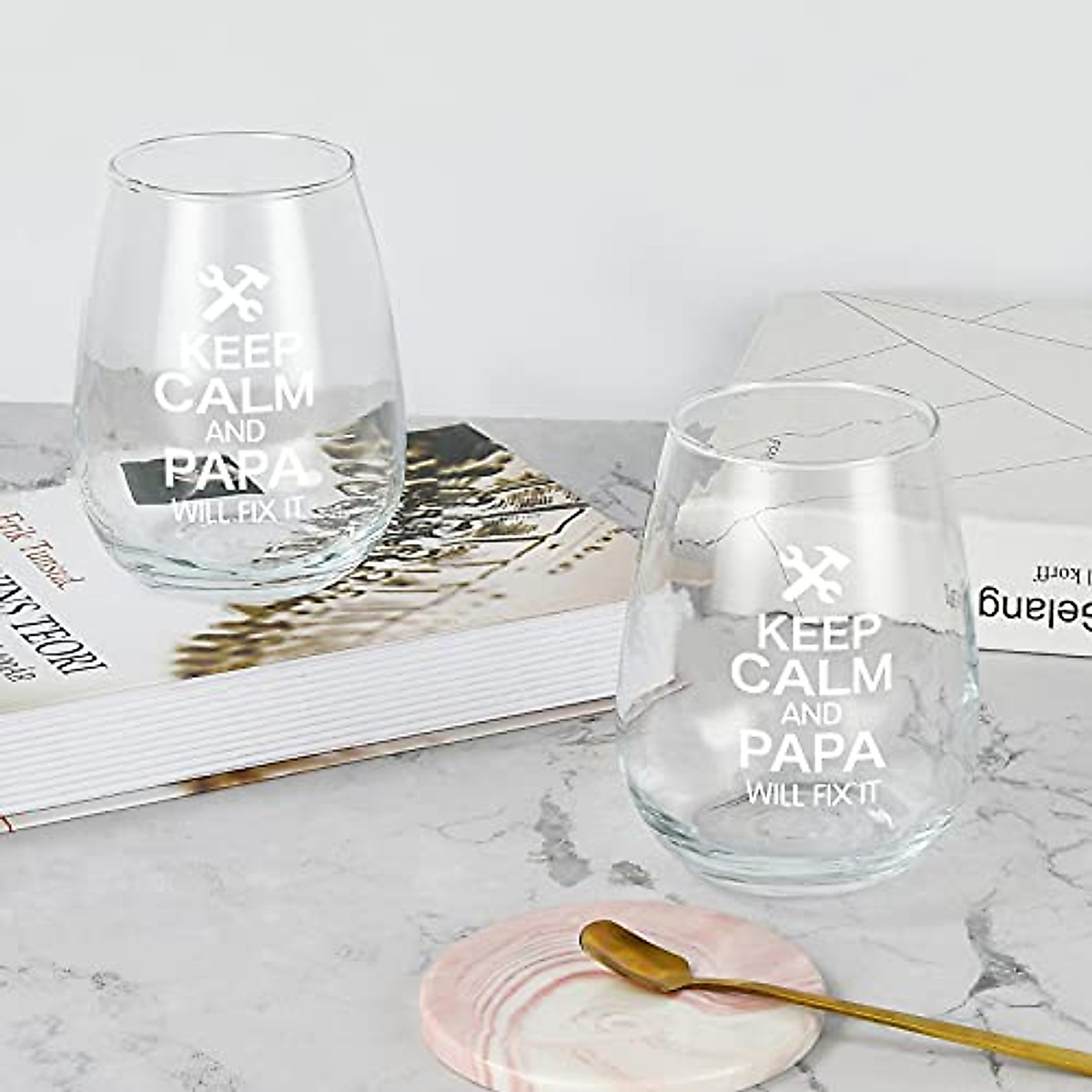 Funny Dad Wine Glass - Keep Calm And Papa Will Fix It Stemless Wine Glass 15Oz, Unique Father’s Day Gift for Dad Papa Father New Dad Husband from Daughter, Son, Wife, Dad Gift for Birthday, Christmas