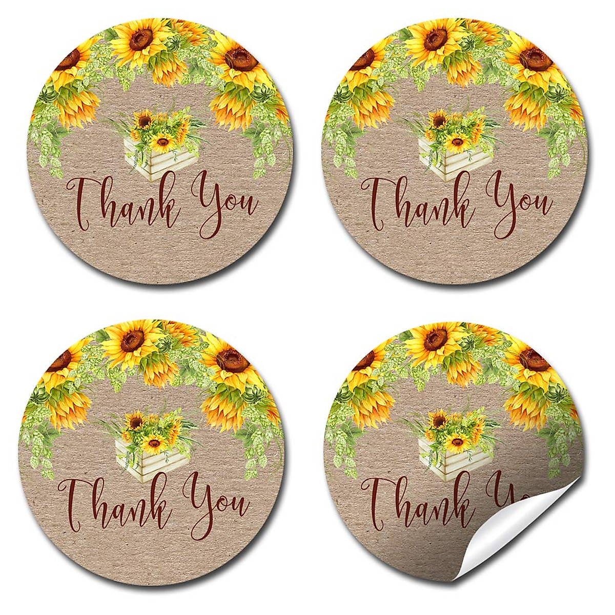 Rustic Fall Watercolor Sunflowers Thank You Sticker Labels, 40 2" Party Circle Stickers by AmandaCreation, Great for Party Favors, Envelope Seals & Goodie Bags