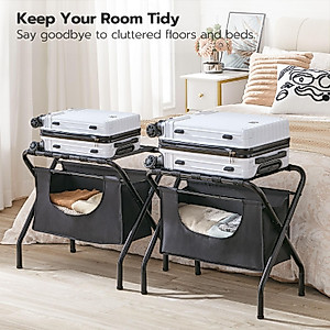 HOOBRO Luggage Rack with Laundry Bag, Pack of 2, Folding Suitcase Stand for Guest Room, 26.8" L x 15" W x 22" H, Suitcase Holder with Oxford Bag, Cloakroom, Bedroom, Hotel, Black BK06XLP201G1