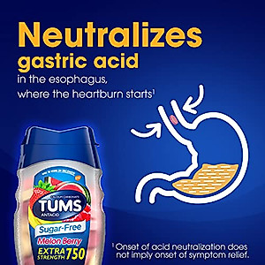 TUMS Extra Strength Chewable Sugar Free Antacid Tablets for Heartburn Relief, Melon Berry - 80 Count