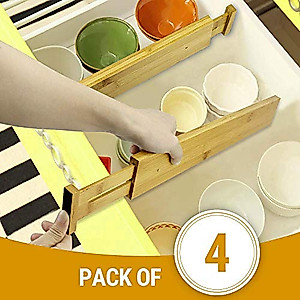 Vinkki Bamboo Drawer Divider 4 Pack Kitchen Utensil Drawer Organizer Separators Spring Adjustable & Expendable Drawer Dividers Eco-Friendly Bamboo Drawer Partitions Divider for Kitchen Desk