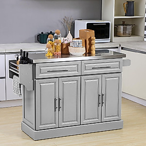 HOMCOM Rolling Island with Wheels for Kitchen, Portable Kitchen Island with Stainless Steel Top, Adjustable Shelves, 2 Drawers, Spice, Knife and Towel Rack, Gray