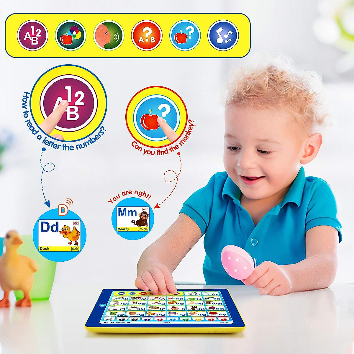 6-in-1 Kids Tablet with ABC/Words/Numbers/Color/Games/Music - Interactive Educational Electronic Toys Makes Learning Fun, Toddler Learning Toys Gifts for Age 3 4 5 Year Old Boys Girls&Preschool