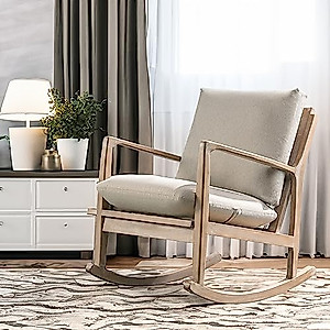 NOBLEMOOD Rocking Chair Linen Fabric Upholstered Nursery Rocker Solid Wood Glider Chair with Mute Foot Pad for Living Room, Reading(Beige)