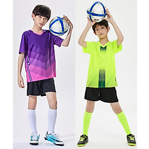 LUCKYLUAN Boy's 2-Pack Soccer Jersey and Short Sets Quick Dry Sports Team Training Uniform Knit 9-10 Years Purple Green