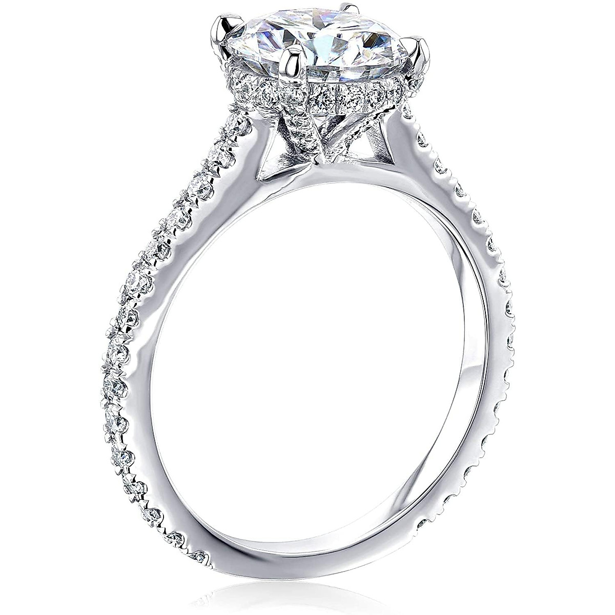 VINSON 2 Carat Round Moissanite E-F Color Fancy Hidden Halo Engagement Ring for Women (5, 14K White Gold Plated)