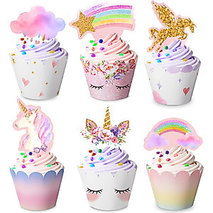 30 Pieces Unicorn Cupcake Toppers and Wrappers Unicorn Cupcake Decorations Unicorn Cup Cake Liners Rainbow Unicorn Birthday Party Supplies Unicorn Topper Decorations for Girls Women Birthday Party