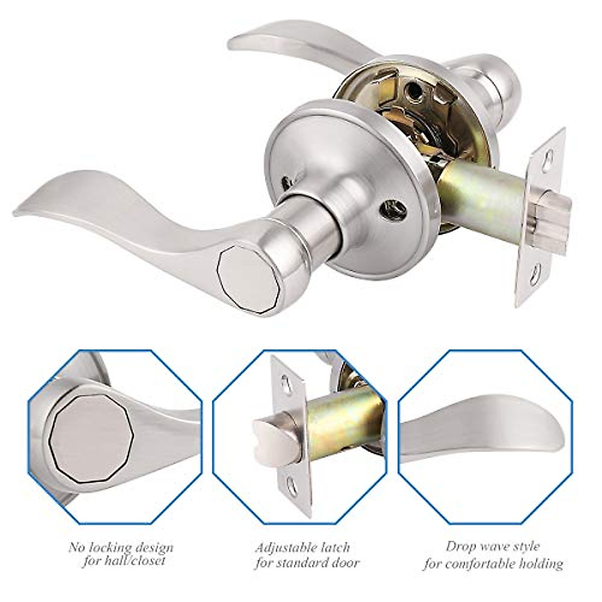 Gobrico 3 Pack Satin Nickel Interior Passage Door Levers Keyless Hall/Closet Handles Knobs Locksets with Universal Levers