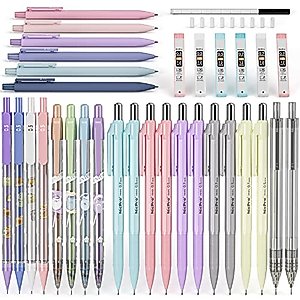 Nicpro 26 PCS Pastel Mechanical Pencil 0.5 mm & 0.7 mm with Bag for School, Cute Mechanical Pencils with 6 Tubes HB Lead Refills, 18 Pcs Eraser Refills For Student Writing, Drawing, Sketching