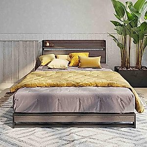 RIDFY Queen Bed Frame with Headboard & Socket, Industrial Platform Camas with Storage Shelves,Mattress Foundation/Slats Support/No Box Spring Needed/Noise-Free