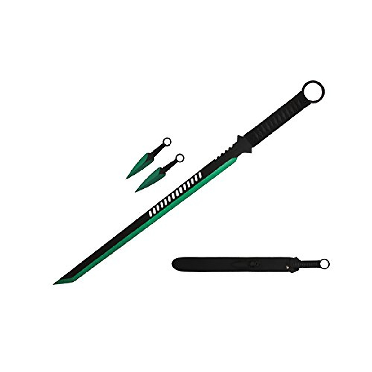 Wartech K1020-65-GR 440 Stainless Steel Full Tang Blade Ninja Hunting Machete Sword with Throwing Knives (2 Piece), 27", Green