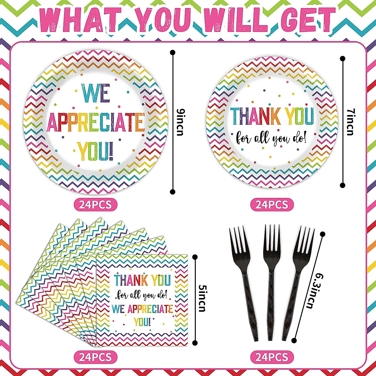Thank You Party Plates Napkins We Appreciate You Tableware Teacher Appreciation Dinnerware Be Thankful to Teacher Doctor Staff Disposable Plates Fork for Congratulations Graduate Party Supply Serve 24
