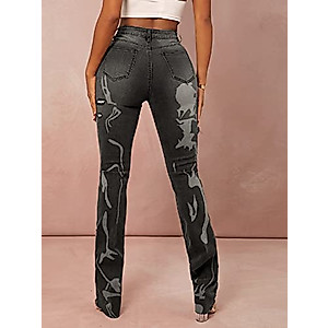 WDIRARA Women's Graphic Print Ripped Jeans High Waisted Button Skinny Denim Pants Grey S