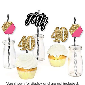Chic 40th Birthday - Pink, Black and Gold Paper Straw Decor - Birthday Party Striped Decorative Straws - Set of 24