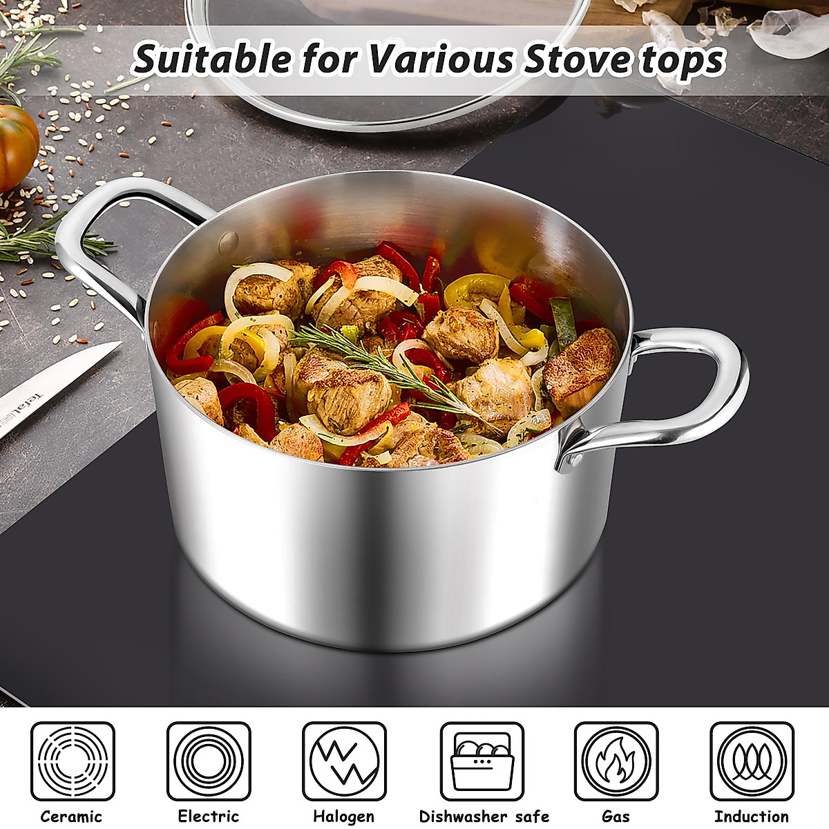 E-far 6 Quart Stock Pot, Tri-Ply Stainless Steel Cooking Pot with Glass Lid and Riveted Handles, Metal Pasta Soup Pot for Induction Ceramic Electric Gas Stoves, Heavy Duty & Dishwasher Safe