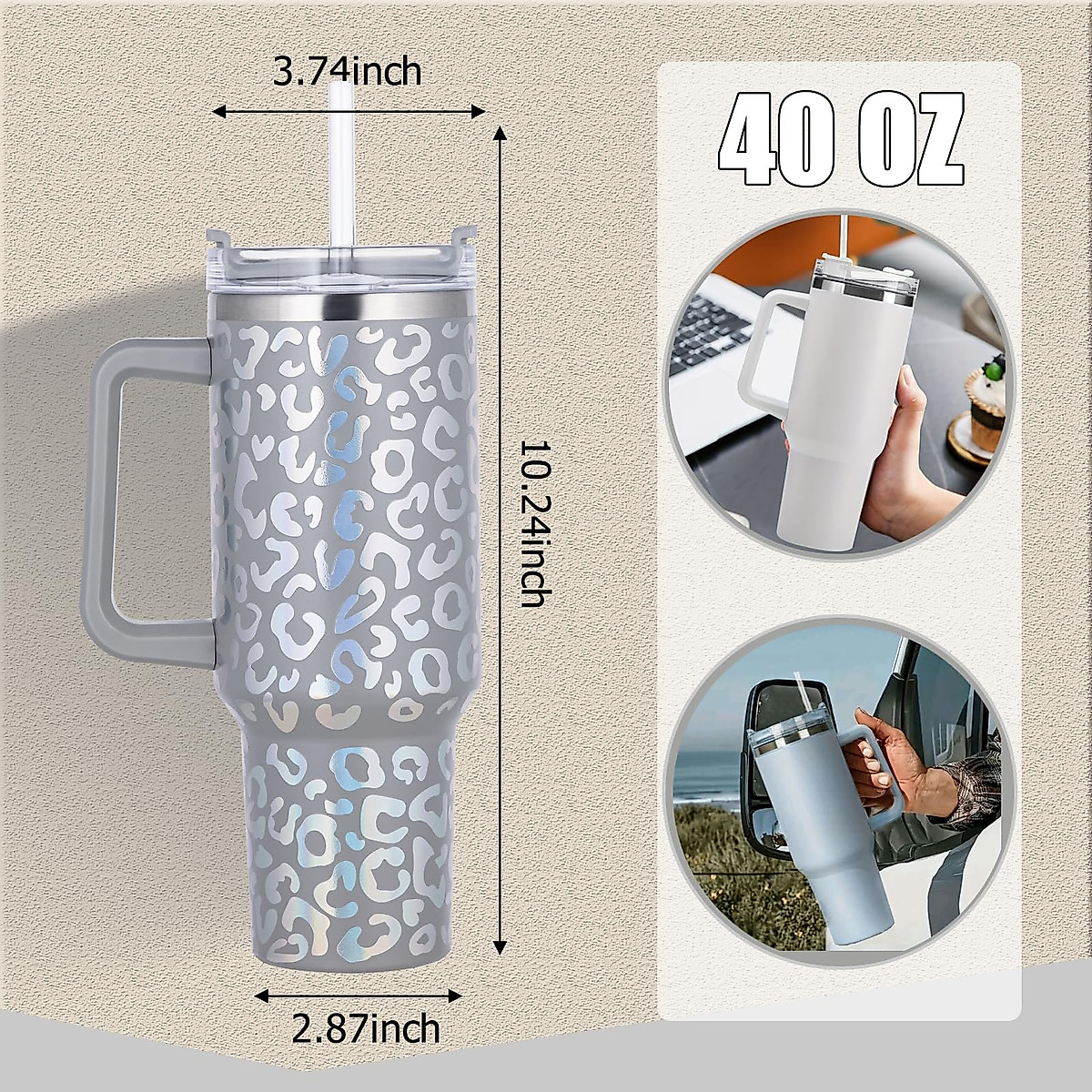 Xereizo 40 oz Tumbler with Handle and Straw, Leak Proof Stainless Steel Insulated Travel Coffee Tumbler Cups Lid and Straw, Iced for 40 Hours Cupholder Friendly Water Bottle Mug, Leopard Print Grey