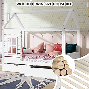 Aoowow Twin Size Kids House Bed with 2 Drawers, Wooden Platform Twin Bed Frame with Window and Roof for Bedroom, Modern Twin Size Kid Playhouse Bed with Slats for Boys Girls, Can be Decorated, White