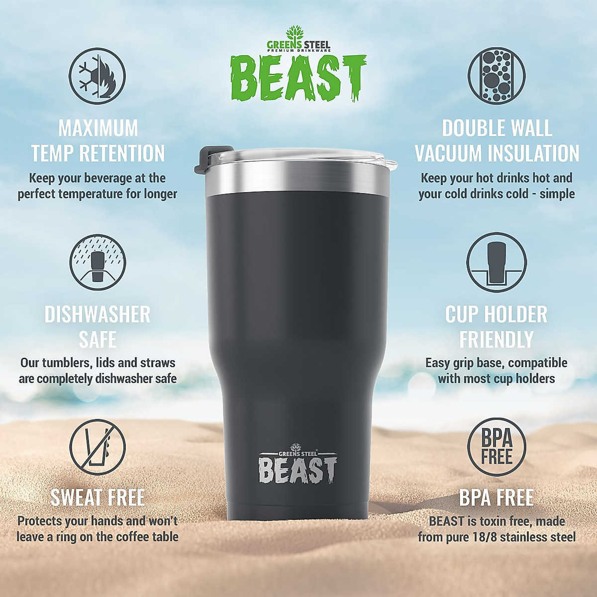 Beast 30 oz Tumbler Stainless Steel Vacuum Insulated Coffee Ice Cup Double Wall Travel Flask (Matte Black)