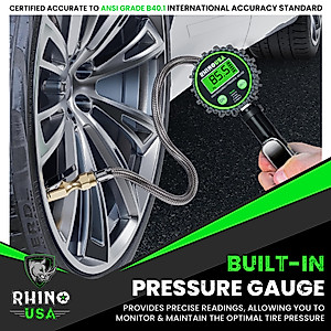 Rhino USA Digital Tire Inflator with Pressure Gauge (0-200 PSI) - ANSI B40.7 Accurate, Large 2" Easy Read Glow Dial, Premium Braided Hose, Solid Brass Hardware, Best for Any Car, Truck, Motorcycle, RV