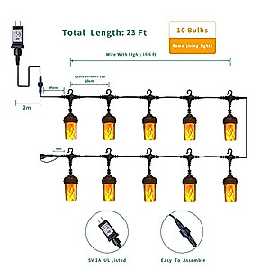 FUCHSUN $$$ 23 FT Outdoor String Lights 10 Led Flame Effect Light for Patio Backyard Porch Garden Waterproof Cafe String Lighting Outdoor Decoration for Party and Wedding-Warm White