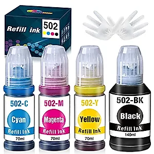 Clorisun 502 T502 Refill Ink Bottle for Epson 502 T502 Use with Expression ET-2760 ET-2750 ET-3760 ET-4760 ET-3750 ET-4750 ET-3710 ET-15000 ET-3700 2700 Ecotank Printer (Black, Cyan, Magenta, Yellow)