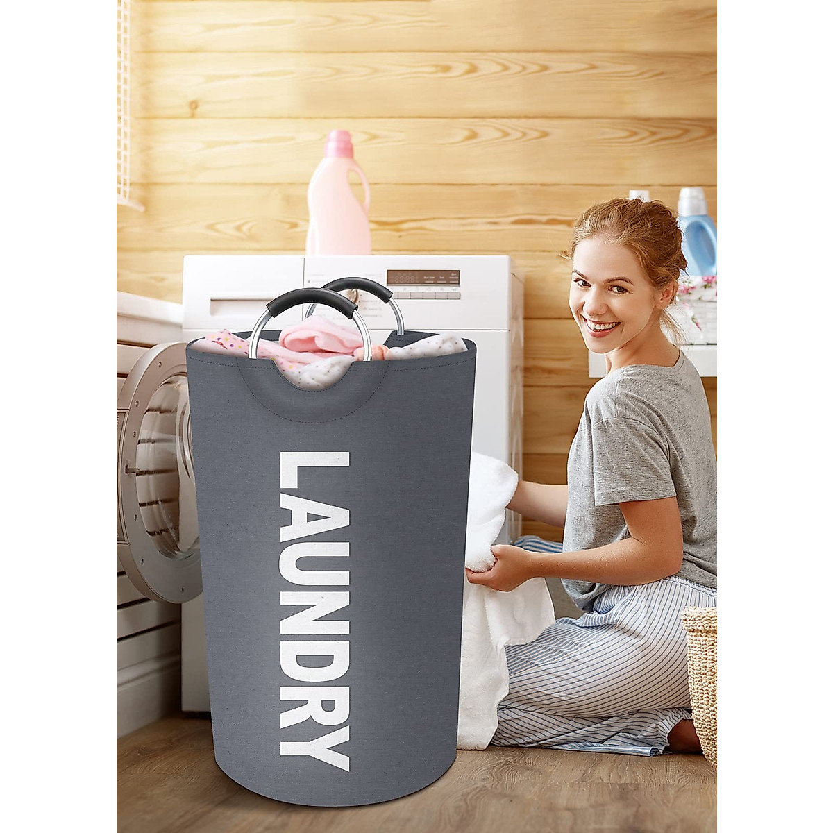 BlissTotes Large Laundry Basket Laundry Hamper Bag Washing Bin Clothes Bag Collapsible Tall With Handles Waterproof Travel Bathroom College Essentials Storage For College Dorm, Family (Grey, L)