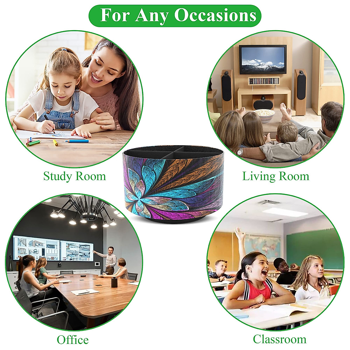 Hennaja Round Leather Art Supply Organizer,Remote Control Holder,360 Degree Rotating,Multi-Functional Pencil Holder,4 Compartments Desktop Stationary Organizer(1-Fractal Flower)