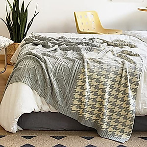 GunziStreet 100% Pure Cotton Knitting Throw Blanket Houndstooth Thousand-Bird Pattern Splicing Nordic Style Soft Warm Home Decor for Bed Couch Bedroom (Light Gray, 51x63)