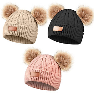 Geyoga Kids Toddler Winter Pompom Hat Baby Knitted Beanie Hat Faux Fur Pom Beanie Cap for Girls Boys 1-3 Years Old(Black, Pink, Khaki,M)