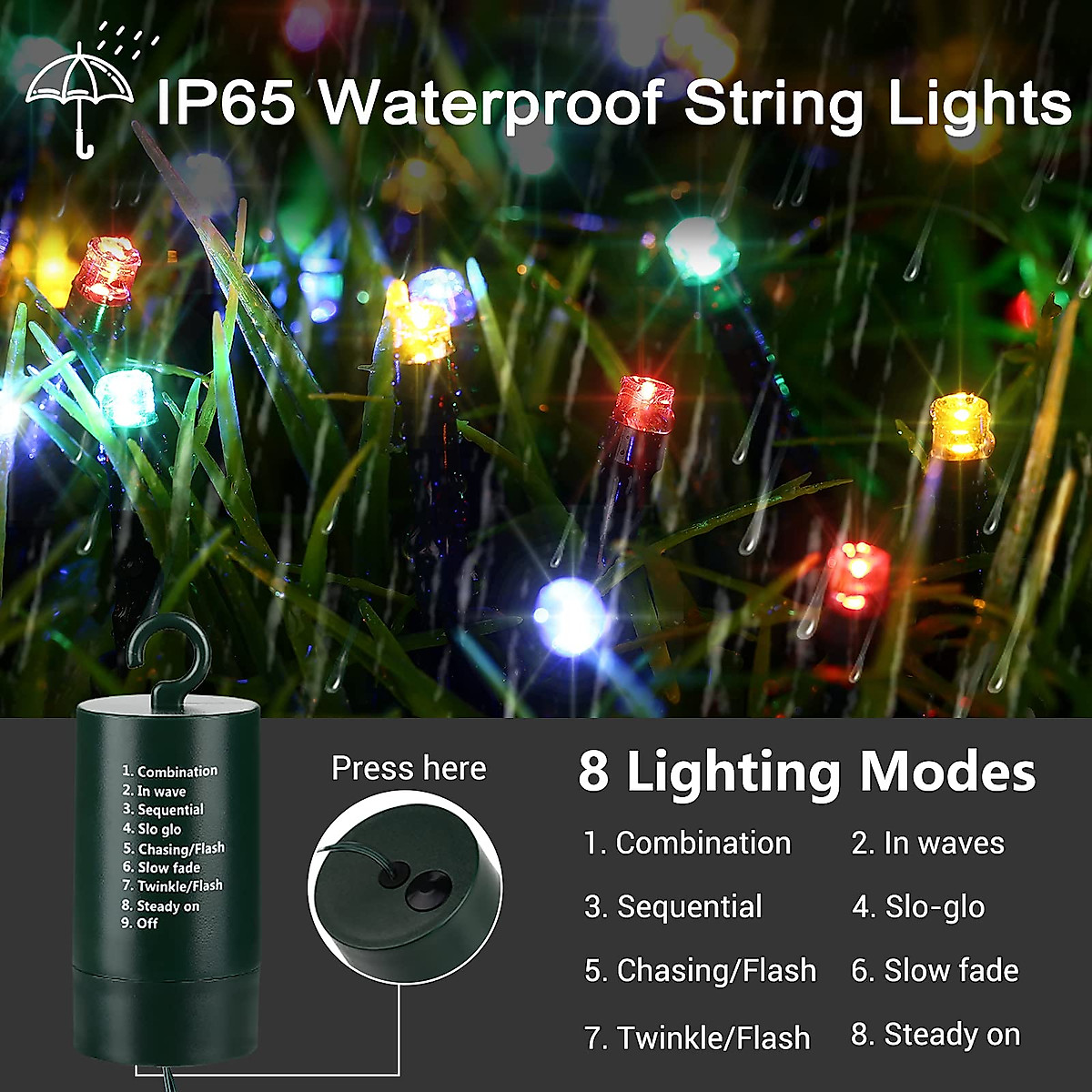 Flacchi Multi-Color Christmas Lights, 66 ft 200 LED Battery Operated String Lights Waterproof 8 Modes & Auto Timer Mini Lights for Xmas Decorations, Home, Party, Holiday Decor Outdoor Indoor