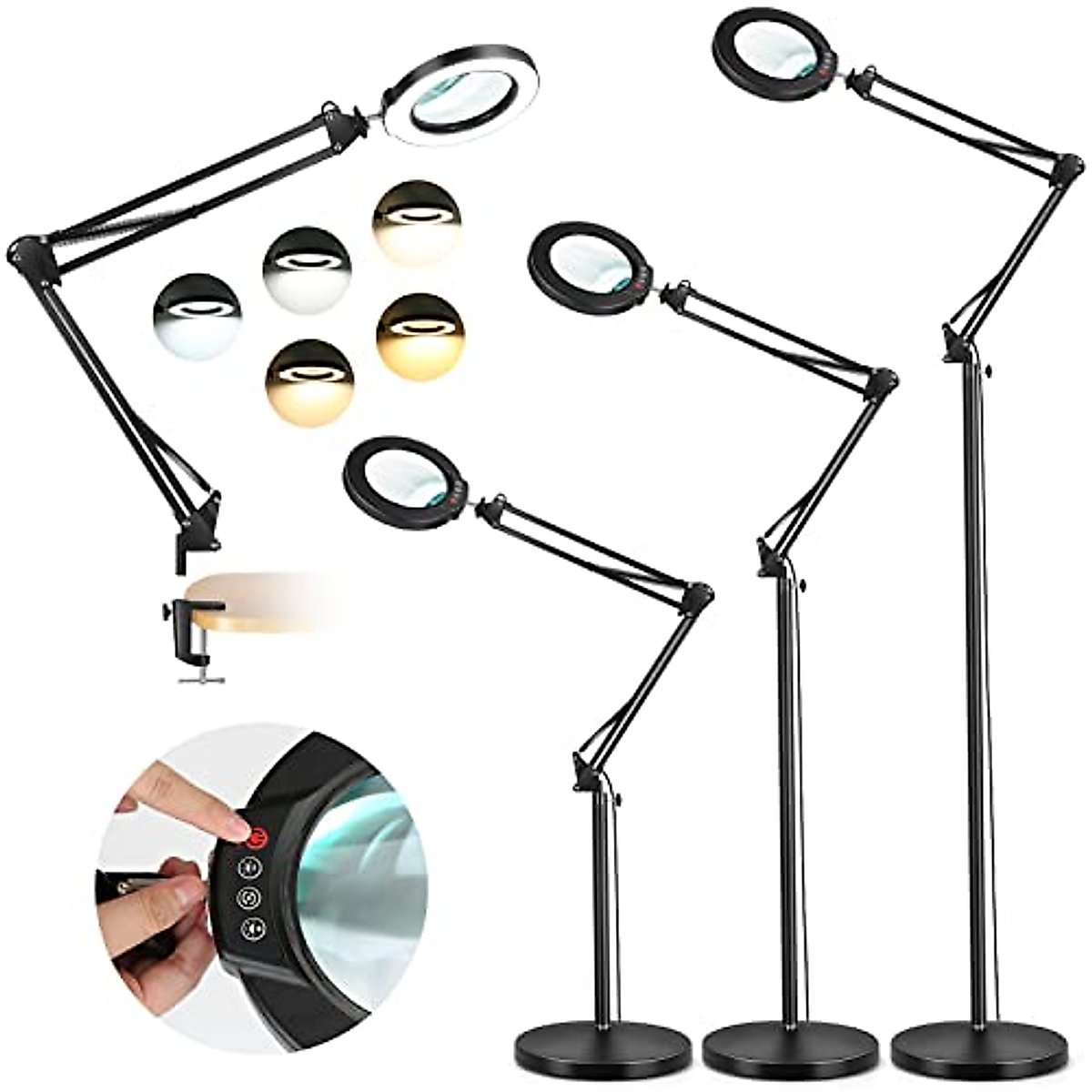 8X Magnifying Glass with Light and Stand, Krstlv 4-in-1 LED 5 Color Modes Stepless Dimmable Magnifying Floor Lamp, Adjustable Swing Arm Lighted Magnifier Lamp with Clamp for Close work, Craft, Reading