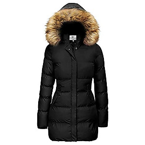 WenVen Women's Winter Thicken Padded Coat Parka Jacket with Fur Hood (Black,L)