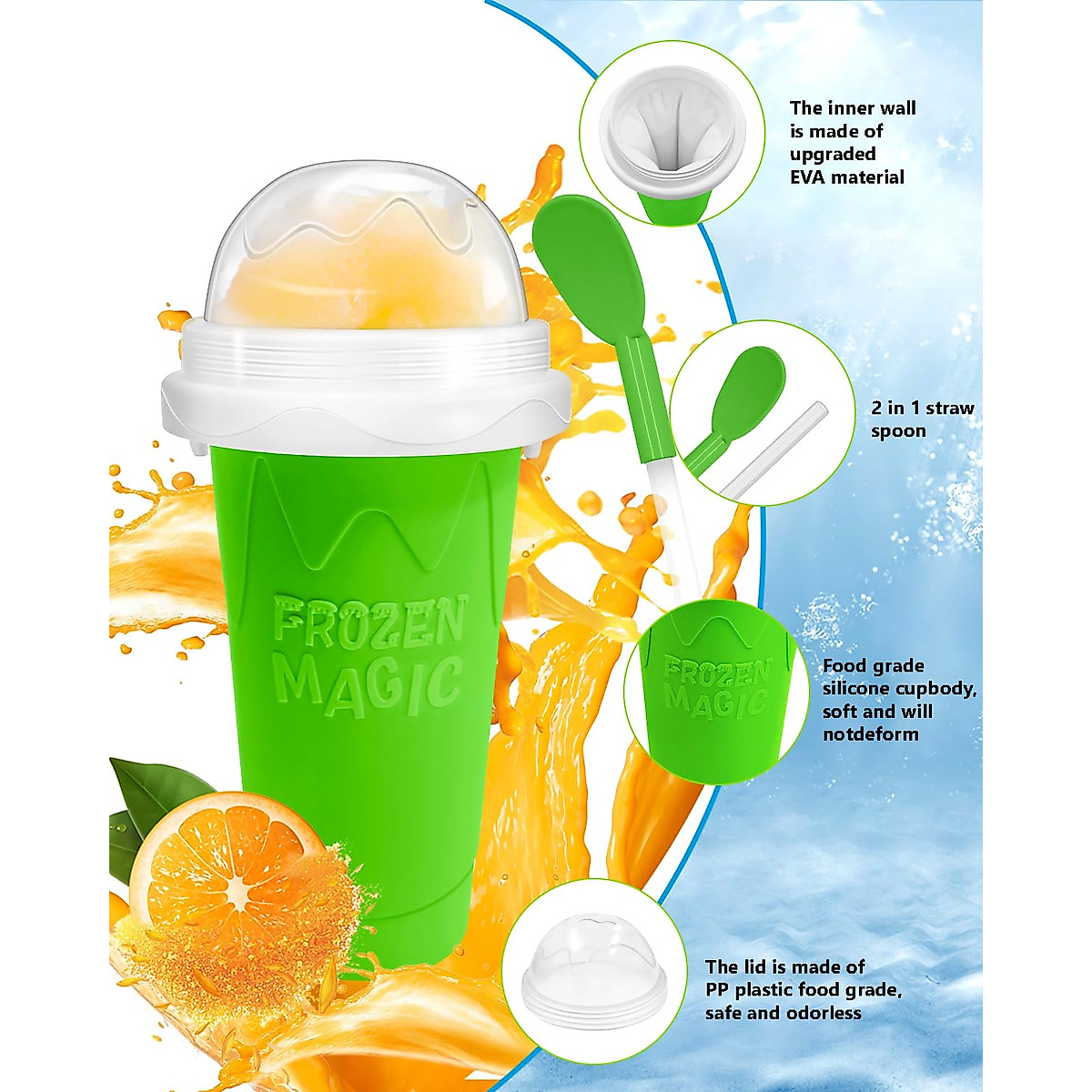 Slushy Maker Cup, DIY Magic Slushy Maker Squeeze Cup, Portable Smoothie Squeeze Cup for Juices, Milk and Ice Cream Make, Double Layers Silica Cup with Lid & Straw for Kids, Friends, Family (Green)1