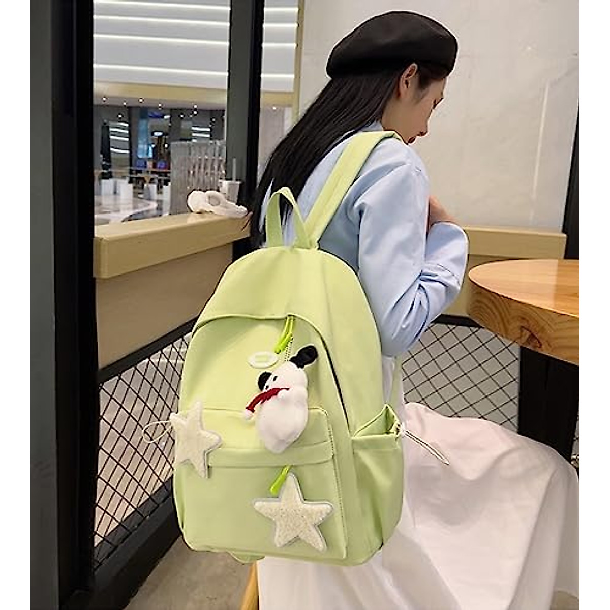 JHTPSLR Preppy Backpack Patches Stars Y2K Aesthetic Backpack with Plushies Cute Kawaii Backpack Supplies Book Bags Casual Daypack (Green)