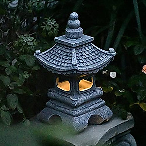 Gardenfans Solar LED Pagoda Lantern Garden Statue Light Outdoor Zen Garden Japanese Lantern for Landscape Balcony Patio Porch Yard Art Decor 6.7"H Gray Stone Finish