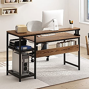 soges 62 Inch Computer Desk with Elevated Monitor Shelf, Home Office Desk with Storage Shelves, CPU Stand, Study Writing Table Workstation with Printer Stand