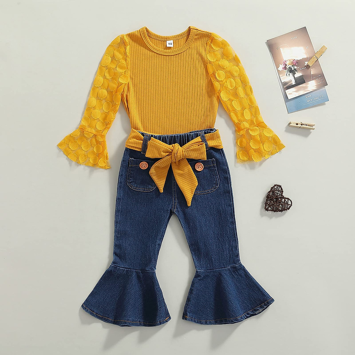 Durveency Kids Toddler Clothes Set Baby Girls Mesh Long Sleeve Shirt and Flared Denim Pants Spring Fall Winter 2pcs Outfits Clothing (Yellow , 4-5T )