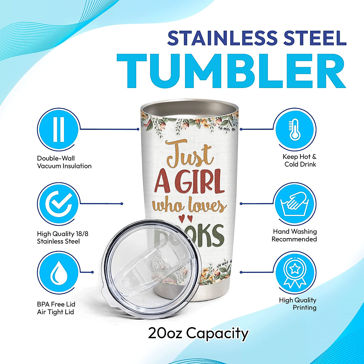 Hyturtle Personalized Printed Book Tumbler - Birthday Gifts For Book Lover - Book Lover Gifts for Women - Just A Girl Who Loves Books Custom Name 20oz Vacuum Insulated Stainless Steel Tumbler