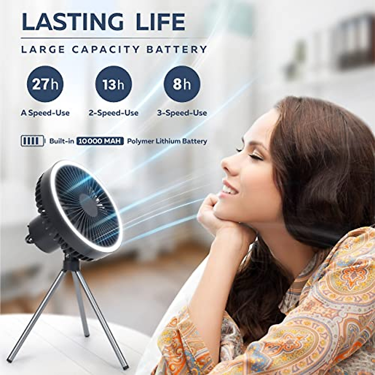 10000mAh Rechargeable Fan Portable – Desk Fan, Portable Camping Fan with LED Lantern Desktop Table Cooling Fans Cordless Quiet RV Small Tent Battery Powered Fan for Camping, Portable Fan for Travel