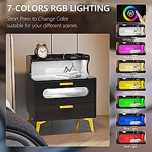 dnbss LED Nightstand with Wireless Charging Station, Modern Nightstand with LED Lights, 3 Color Dimmable Auto Sensor, Smart Bedside Table with 2 Drawers and Open Shelf, Gloss Black