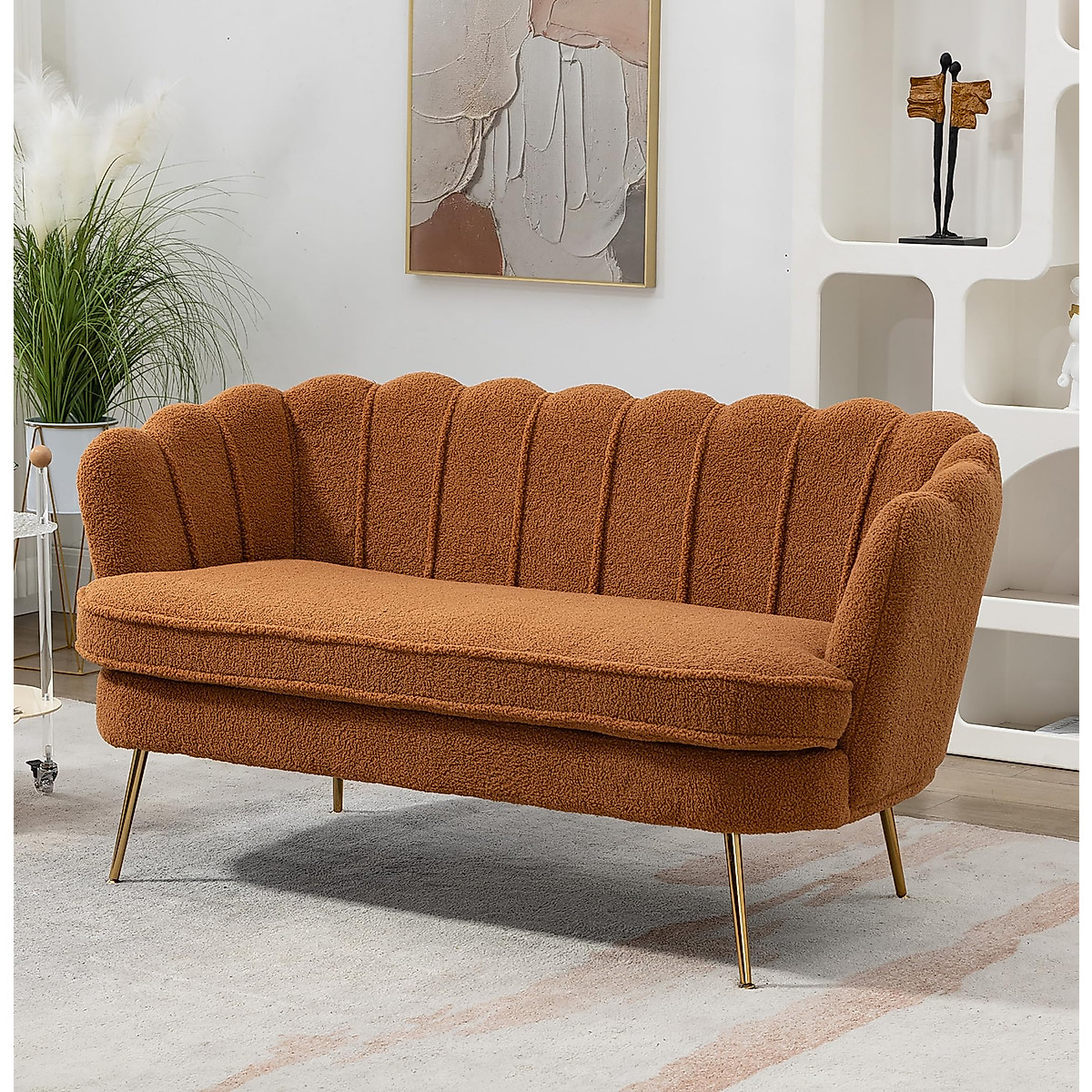 Gustonhon 59" Modern Boucle Loveseat Couch, Small Sofa with Gold Metal Legs,2-Seater Upholstered Mini Sofa Couches for Small Space,Living Room Bedroom Office Dorm Studio Apartment (Caramel)