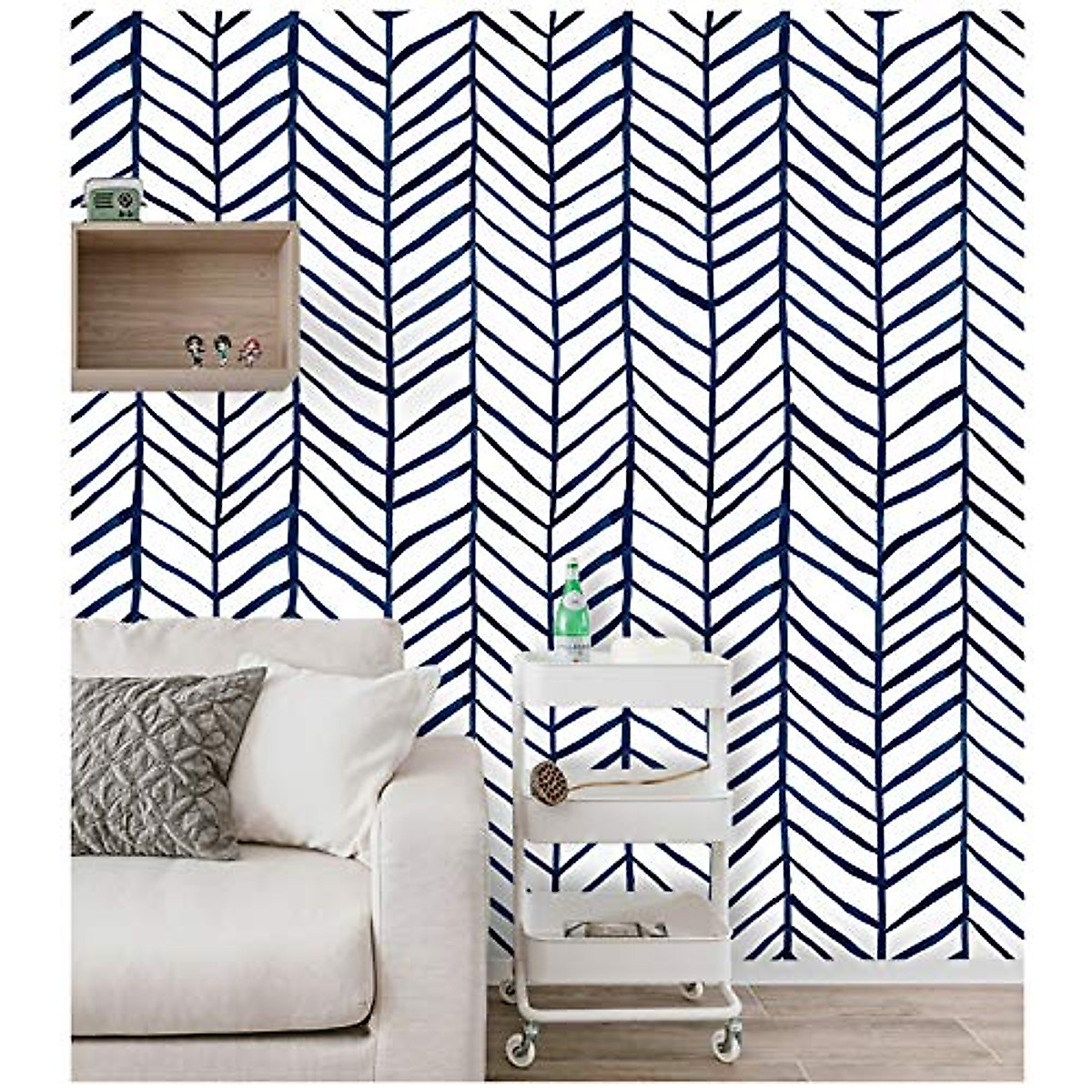 HAOKHOME 96020-2 Modern Stripe Peel and Stick Wallpaper for Bedroom Herringbone Navy Blue Vinyl Removable Decoration 17.7in x 9.8ft