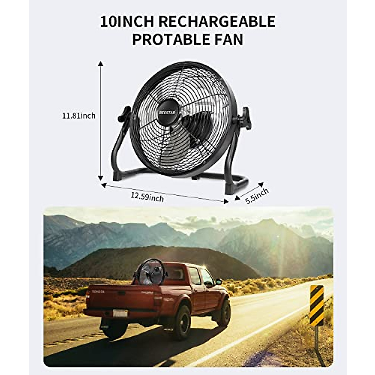 BEESTAR Battery Operated Fan, 10 Inch Rechargeable Fan Portable,High Velocity Fan with Metal Blade Run Up to 10 Hours,5200 mAh Battery Powered Fan for Garage, Backyard, Camping, Travel