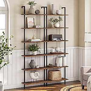 HOOBRO DIY Ladder Shelf, 6-Tier Wall Mounted Bookshelf, Office Vertical Bookcase, Wooden Storage Shelves for Home Office, Bedroom, Rustic Brown and Black BF65CJ01