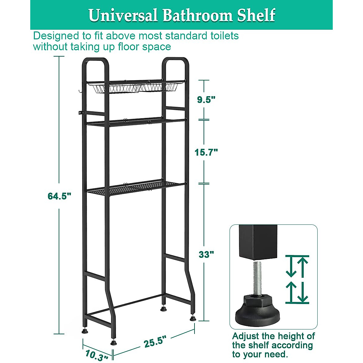 Khordin Over The Toilet Storage Shelf for Bathroom, 3-Tier Above Toilet Rack Bathroom Organizer with Adjustable Shelves and Hanging Hooks, Easy to Assemble & Space Saving, Black