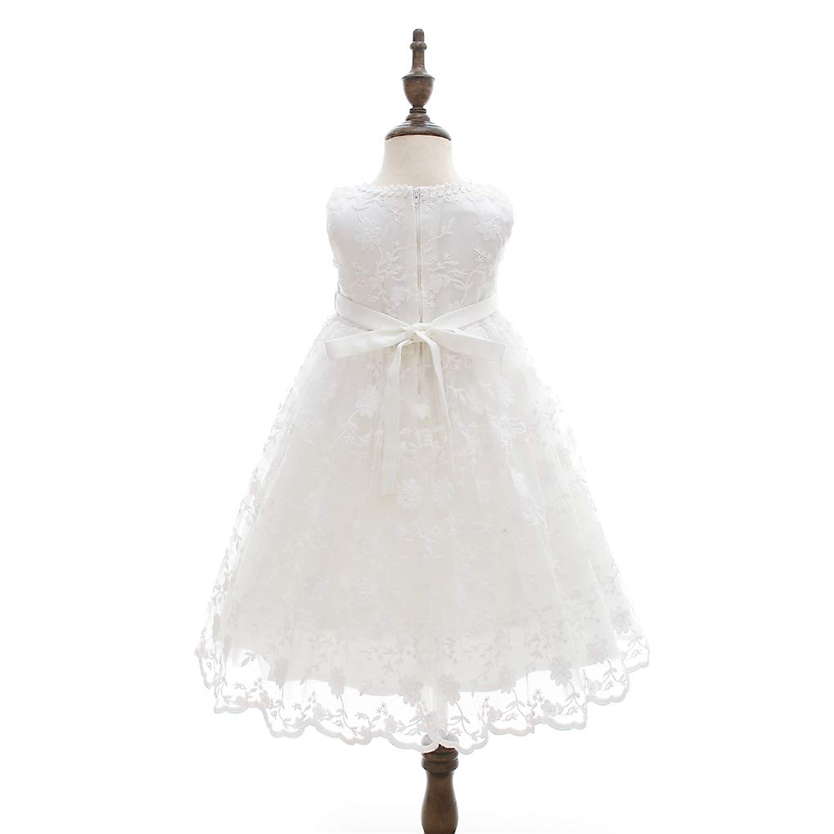 Baby Girls Floral Embroidered Overlay Sleeveless Christening Gown Baptism Tulle Dress with Bonnet Ivory Size 12M / 6-12Months