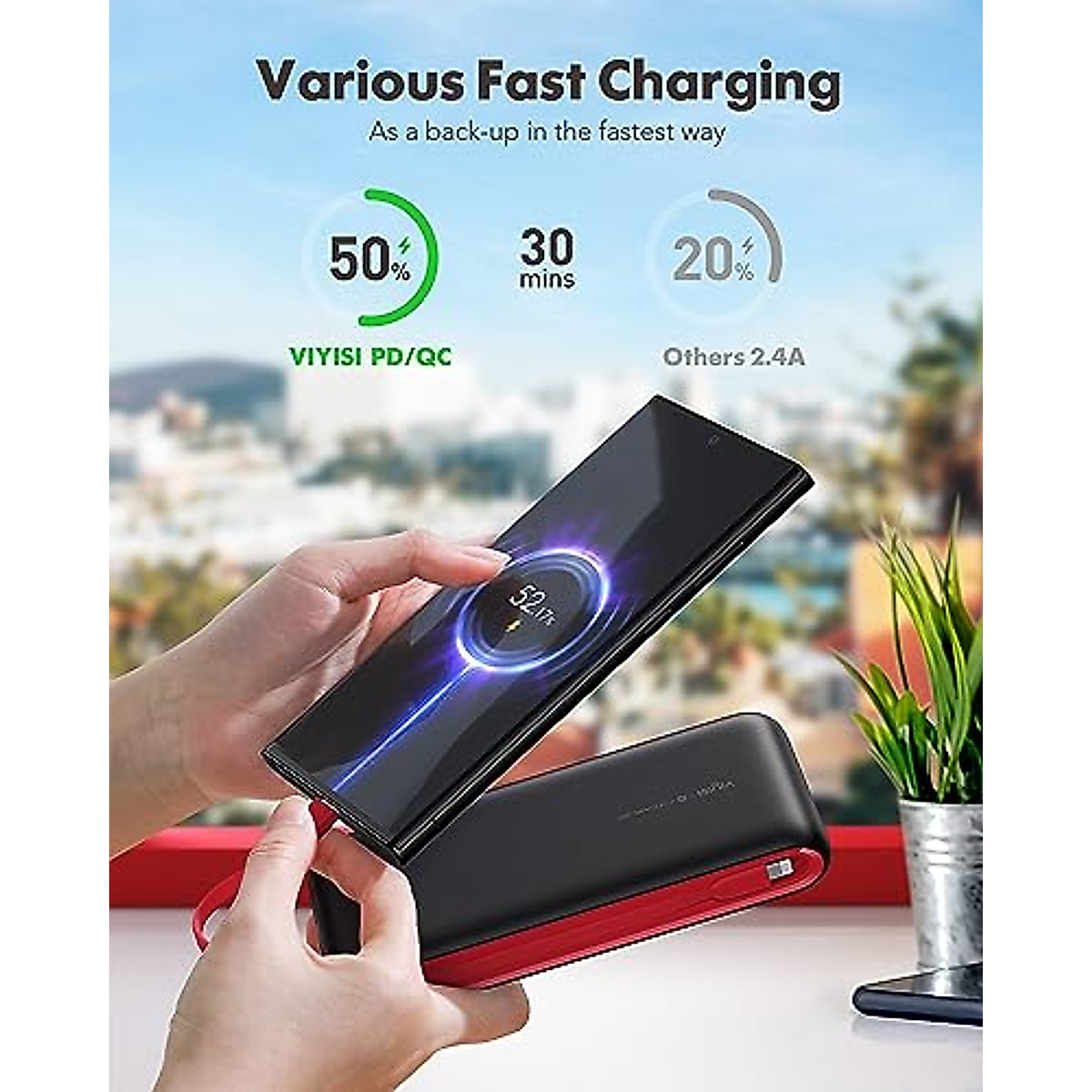 VIYISI Portable Charger with Built-in Cables, Fast Charging Power Bank with Wall Plug 10000mAh, USB C Battery Pack Compatible with iPhone 15/14/13/12/11, Samsung, Huawei, More USB-C Devices - Black