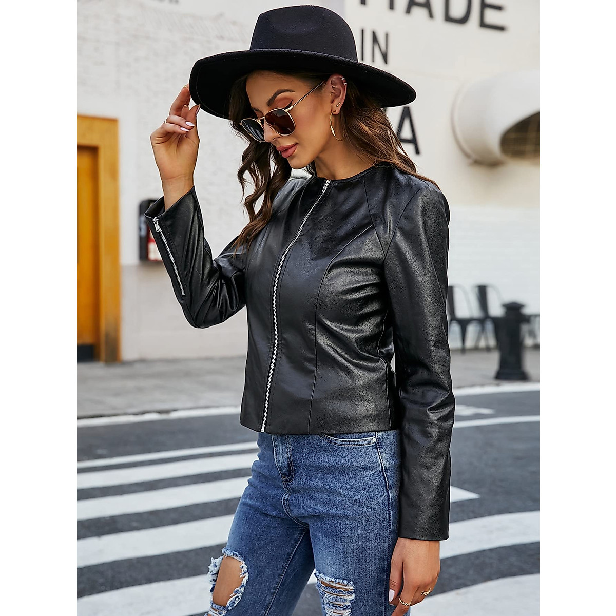 MakeMeChic Women's PU Leather Zip Up Crop Jacket Long Sleeve Moto Biker Coat Short Outerwear Black S