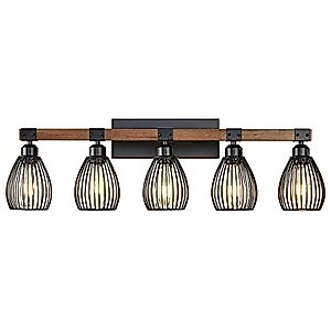 MZMHD 5-Light Farmhouse Bathroom Light Fixtures,Rustic Wood Cage Vanity Lights,Industrial Black Wall Sconce Lighting Over Mirror,Hallway,Bedroom