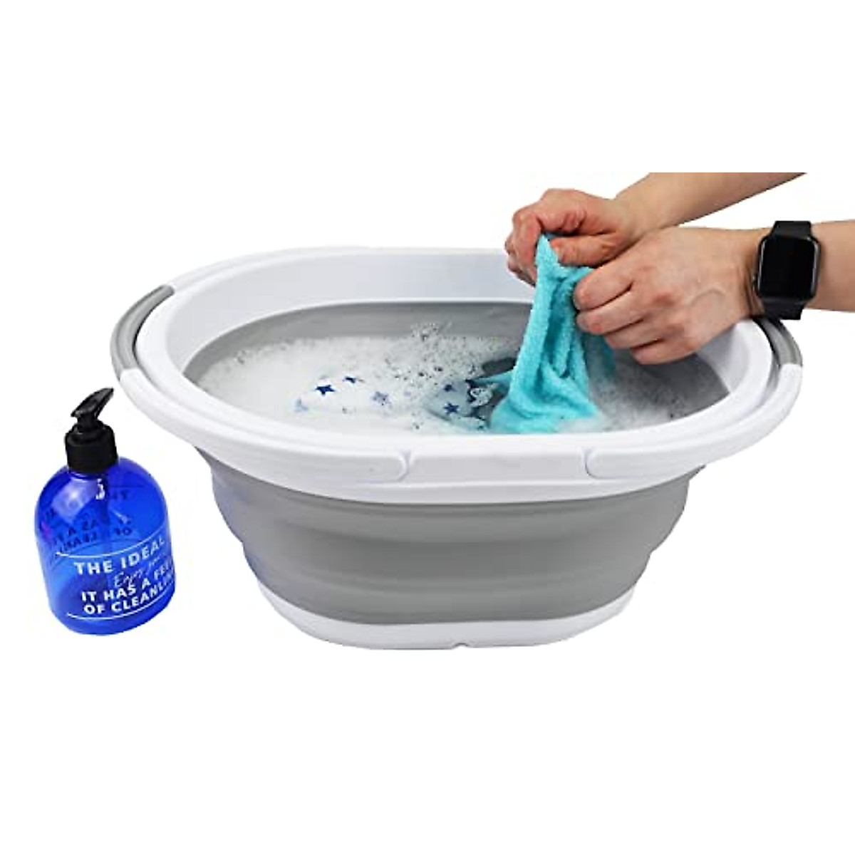 SAMMART 11L (2.9 Gallon) Collapsible Basket with Handle - Portable Outdoor Picnic Basket / Crater - Foldable Shopping Bag - Space Saving Storage Container (Lake Green + Grey)